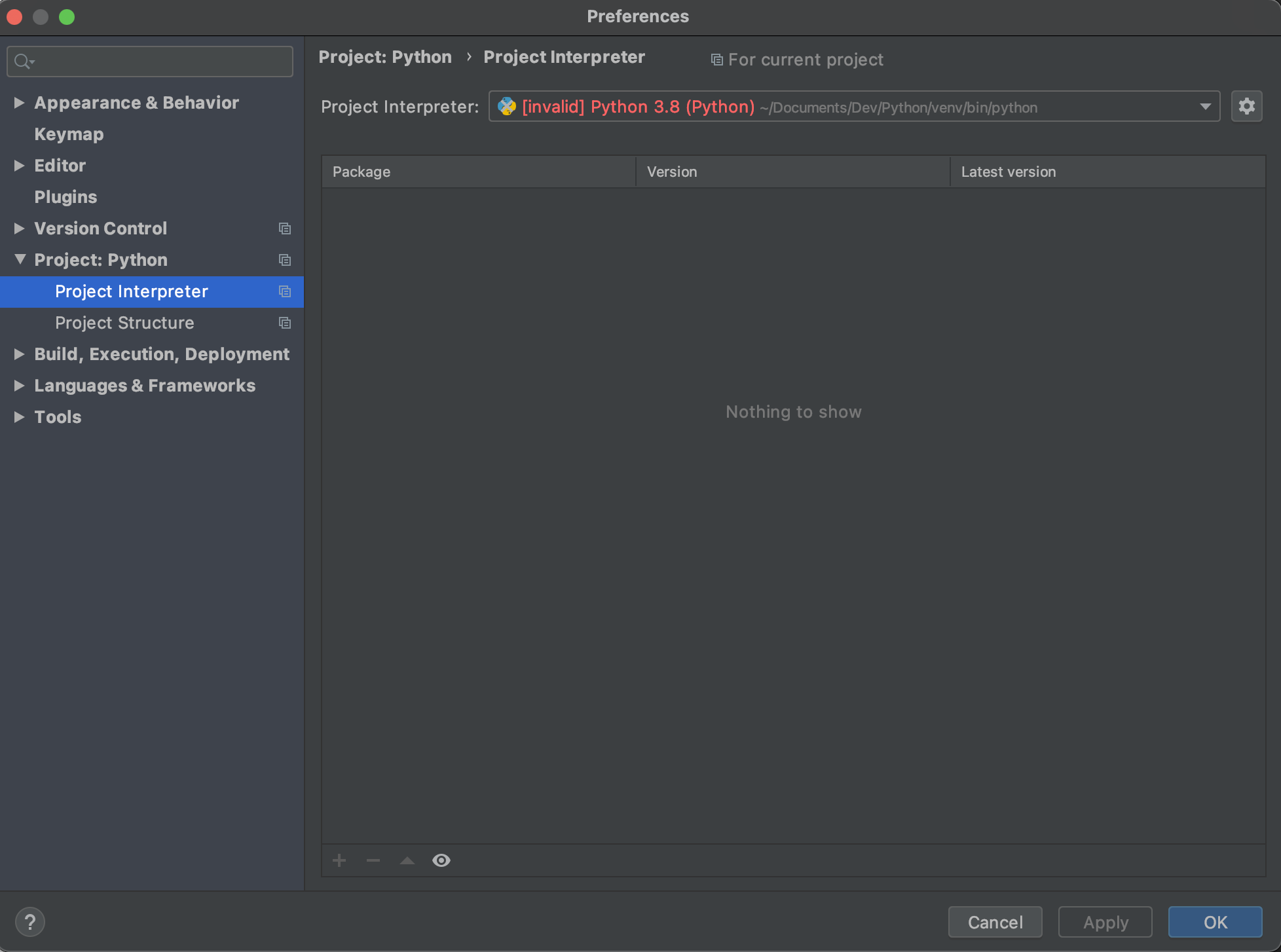 Pycharm 'No Python interpreter selected for the project' 해결법